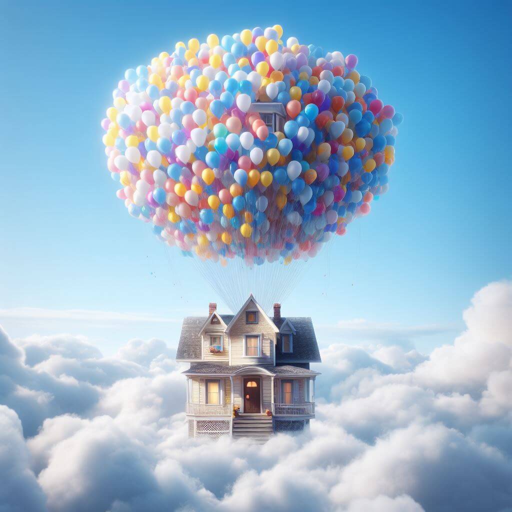 up house many big balloons fly clouds